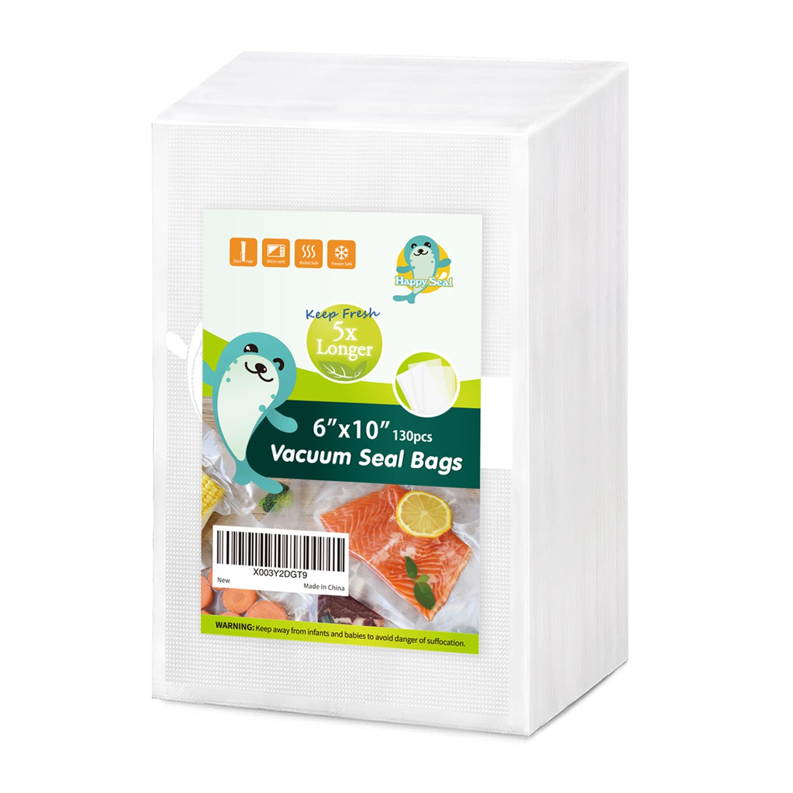 Happy Seal Vacuum Sealer Bags 6" x 10" 130 Pint Size for Food, Pre-cut Food Saver Airtight Vac Storage, Meal Prep or Sous Vide, Commercial Grade Vacuum Seal Freezer Bags