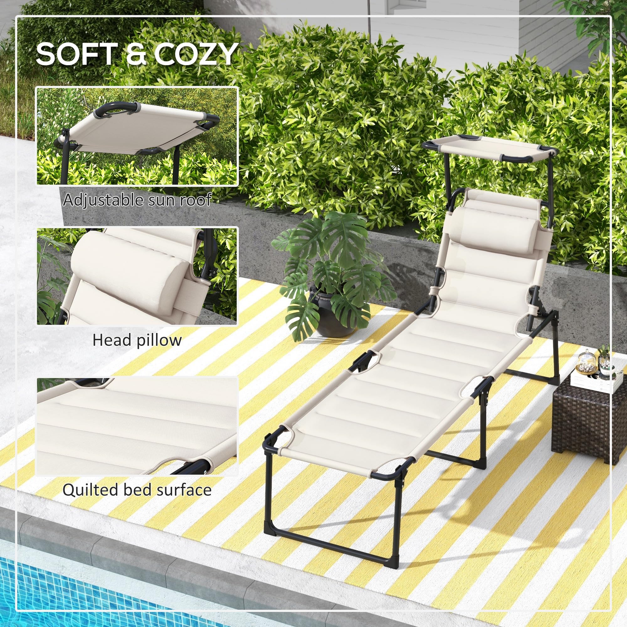 Outsunny Outdoor Lounge Chair, Adjustable Backrest Folding Chaise Lounge, Cushioned Tanning Chair with Sunshade Roof & Pillow Headrest for Beach, Camping, Hiking, Cream White