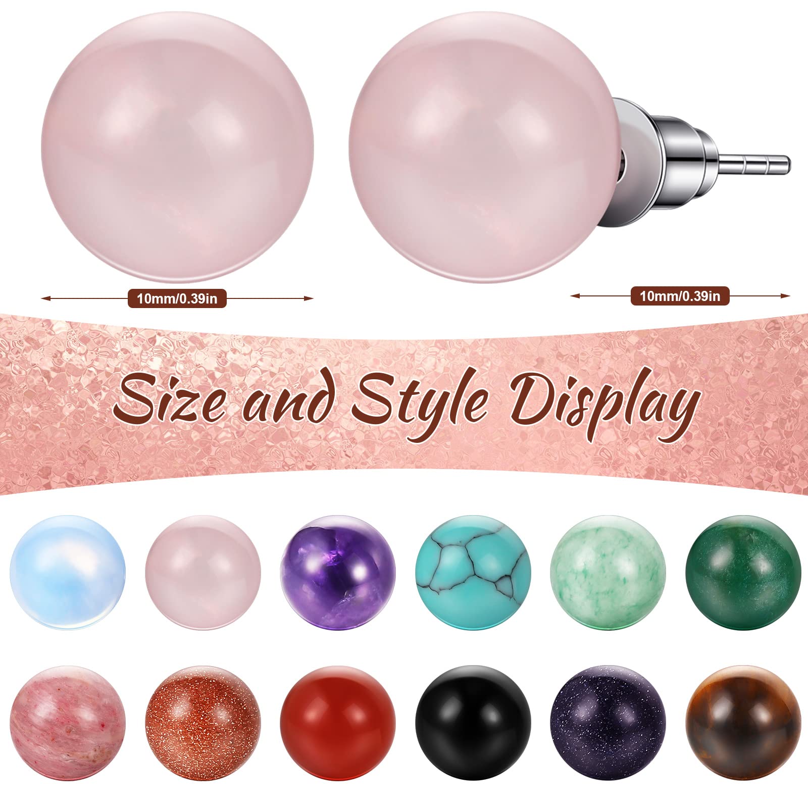 Laumoi 12 Pairs Natural Agate Stone Ball Studs Crystals Gemstone Amethyst Rose Quartz Earrings Studs Round Polished Earrings Jewelry for Women