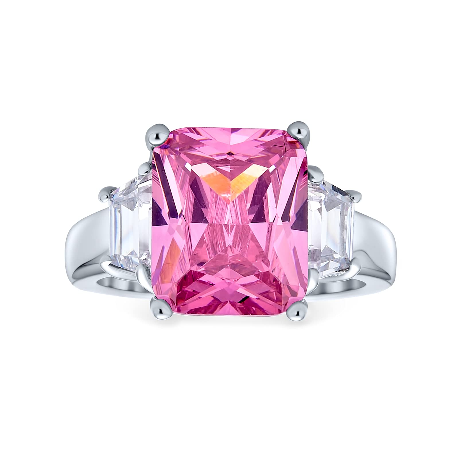 Art Deco Style .925 Sterling Silver 8CTW Pink AAA CZ Rectangle Emerald Cut Cocktail Statement Engagement Ring For Women Cubic Zirconia Baguette Side Stones