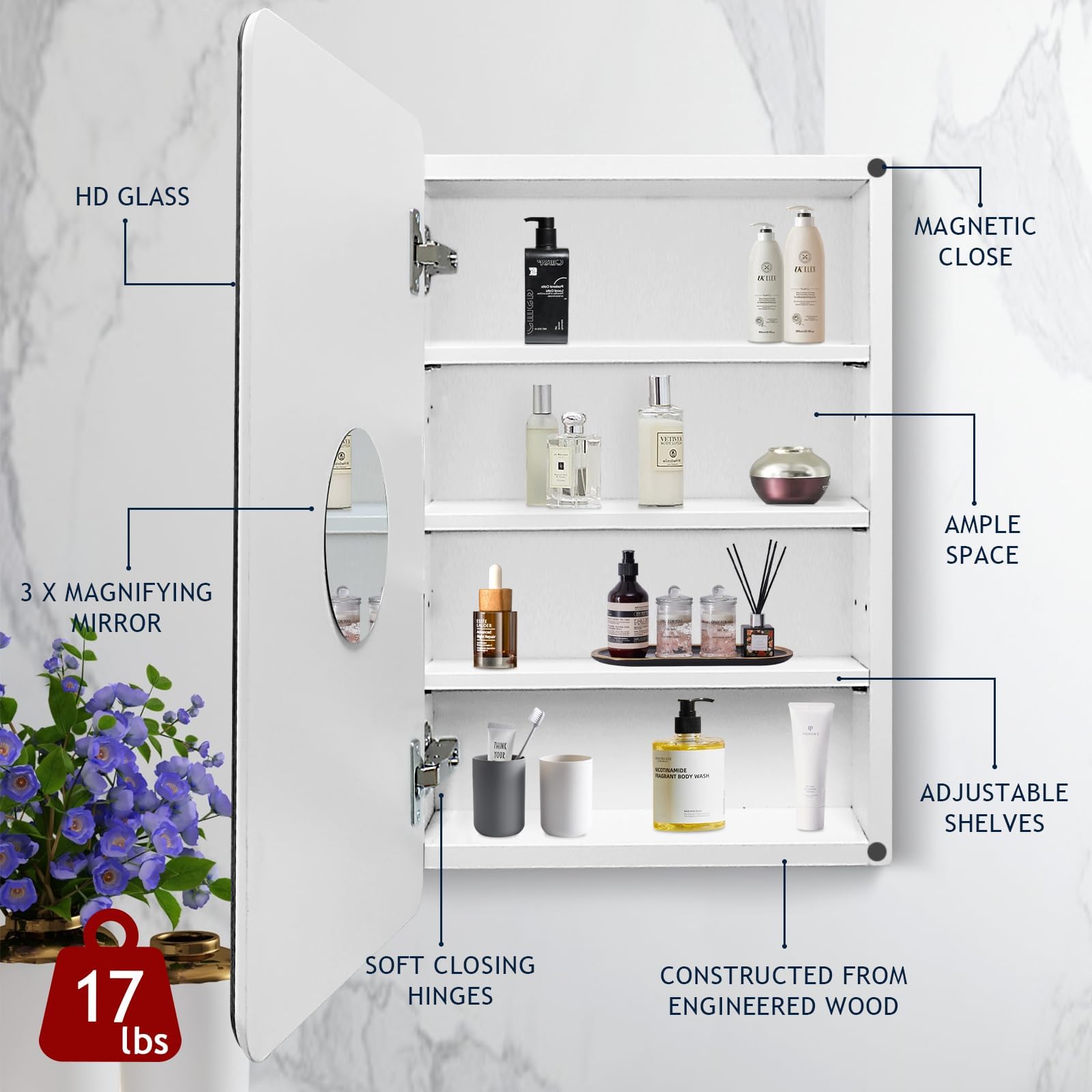 Jesantab White Medicine Cabinet Mirror for Bathroom, 20x30 Inch Recessed Medicine Cabinet or Surface Mount, Frameless Beveled Bathroom Mirror with Storage Modern Farmhouse