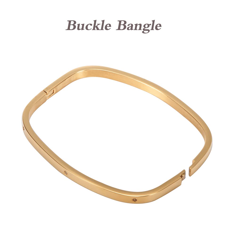Bangle Bracelets for Women, Stainless Steel Glossy Rounded Rectangle Bangles with Rhinestones, Women's Silver Gold and Rose Gold Bangle Set (Gold), Middle