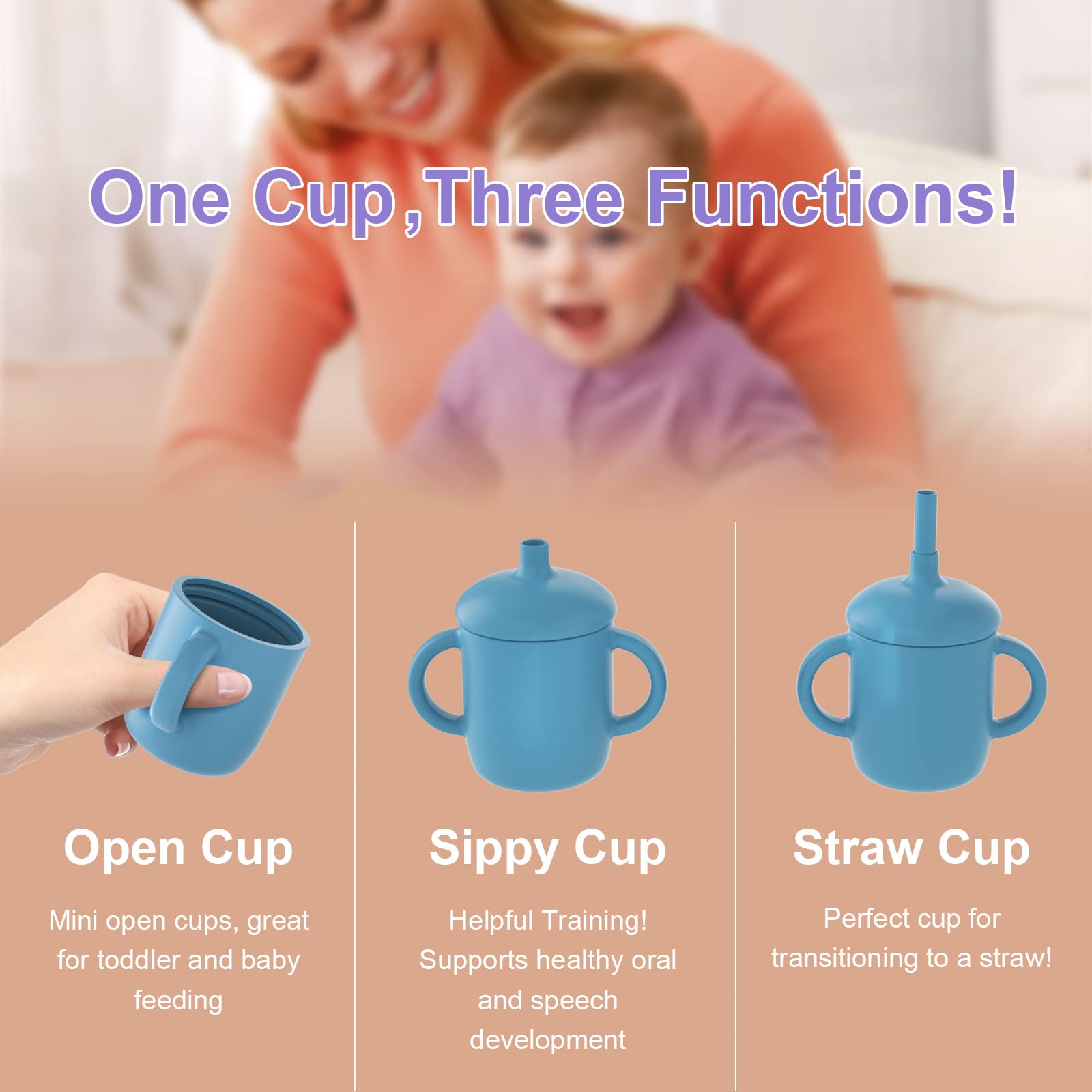 Toddler Cup, Silicone Training Cup Sippy Cup with Straw, Spill Proof and Non-Slip Handles, NO BPA, Unbreakable, Trainer Cup for Babies Toddlers and Infants, 2 Count, 5 oz, Grey Blue, Peach Pink