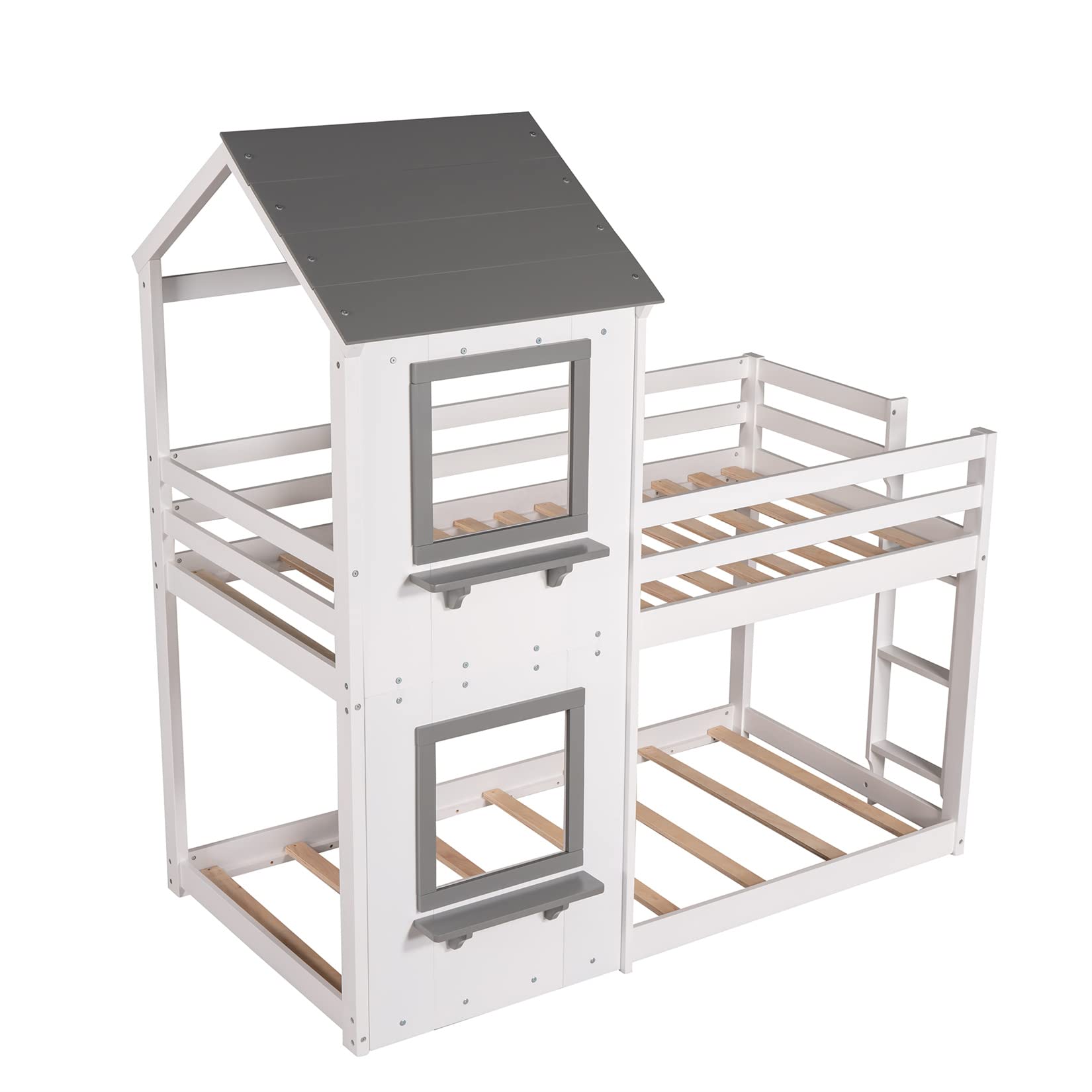 House Bunk Beds, Twin Over Twin Bunk Bed Wooden Floor Bunk Bed Frame for Kids/Teens/Girls/Boys, White