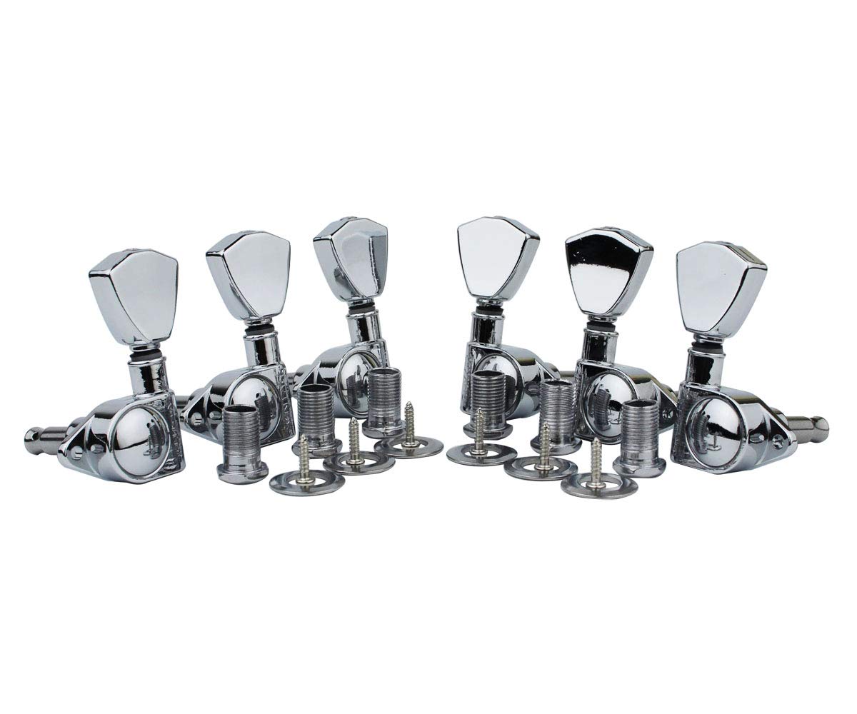 Guyker Guitar Machine Heads (3L + 3R Handed) β 1:21 Sealed Tuners Tuning Key Pegs with Trapezium Button Replacement for Electric, Folk or Acoustic Guitars β Chrome, GK104
