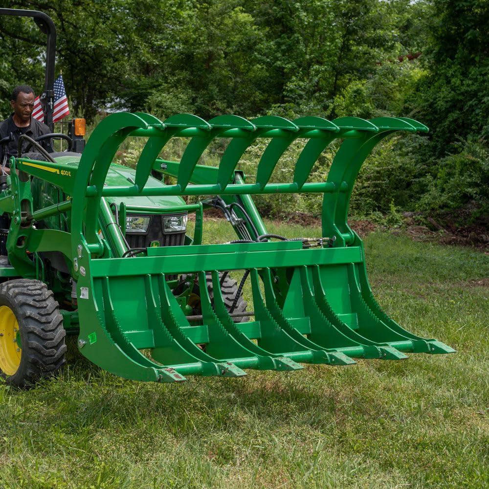 Titan Attachments 84" HD Root Grapple Rake Attachment Fits John Deere Hook and Pin Connection, Recommended for Series 4 Tractors, Twin 3,000 PSI Cylinders, Carry Rocks, Logs, Brush, Debris