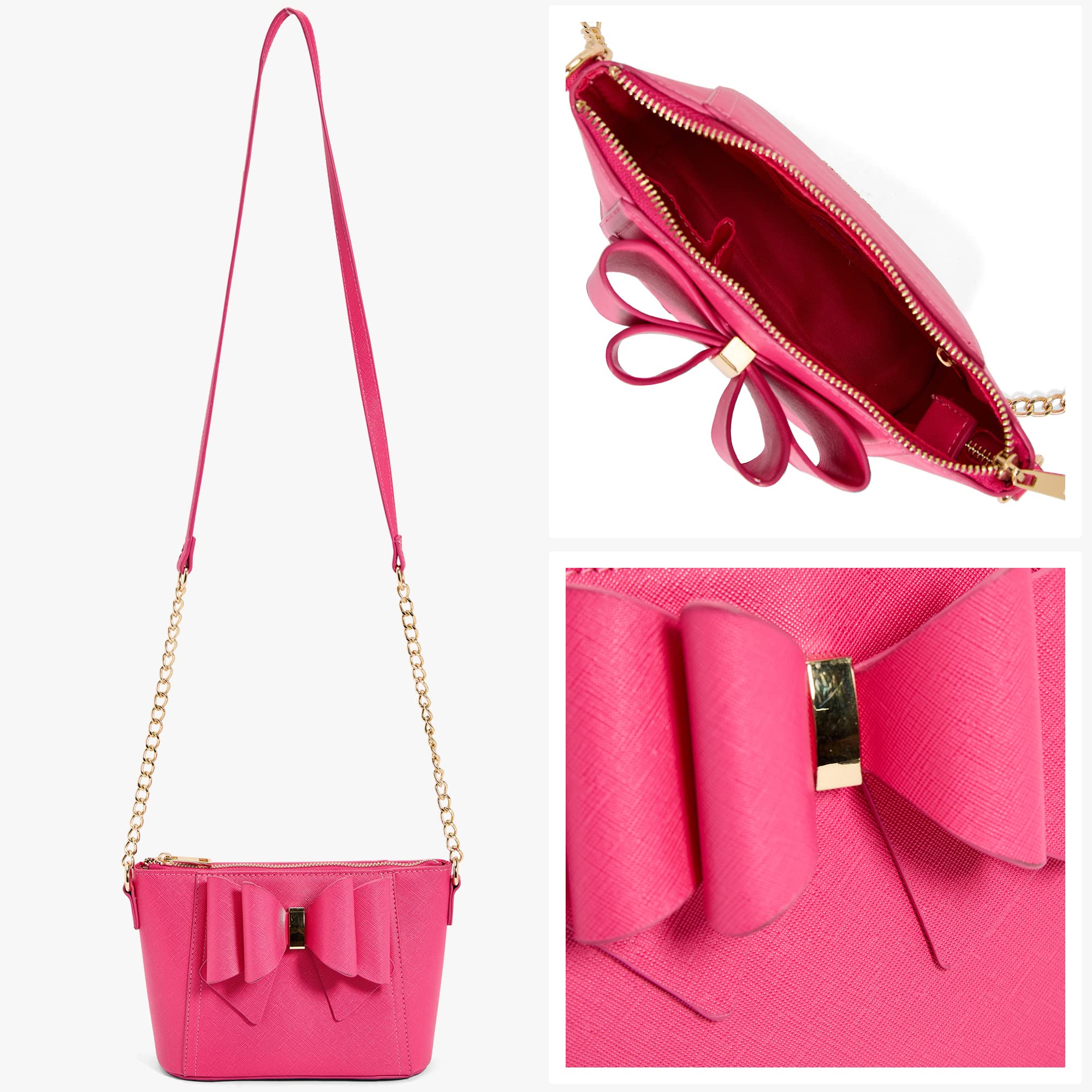 Like Dreams Womens Small Crossbody Vegan Leather Bowtie Fashion Gold Chain Handbag Purse (Fuchsia)