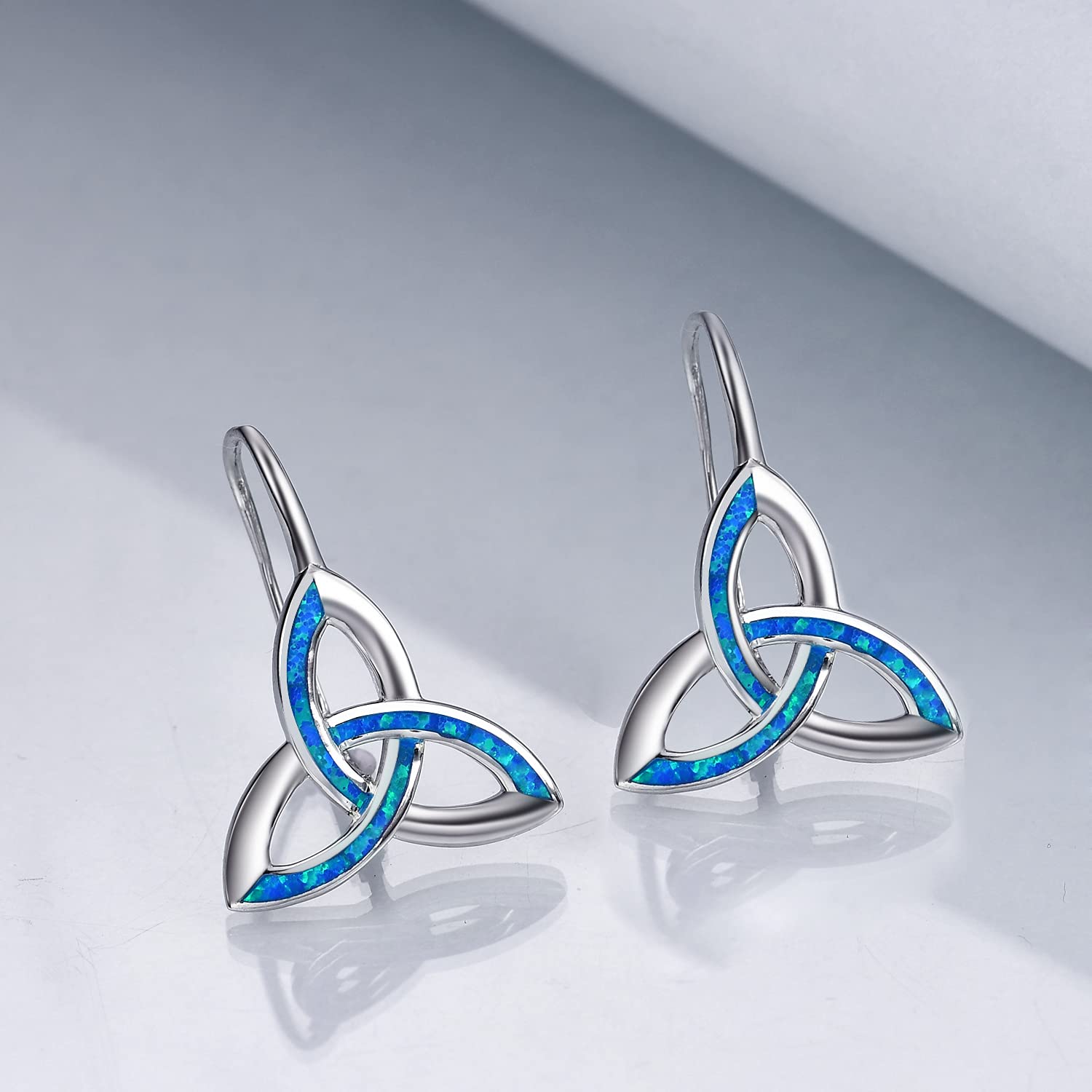 Celtic Trinity Hoop Earrings Sterling Silver Blue Opal Earrings Irish Celtic Jewelry Earrings Opal Leverback Earrings Gifts for Women