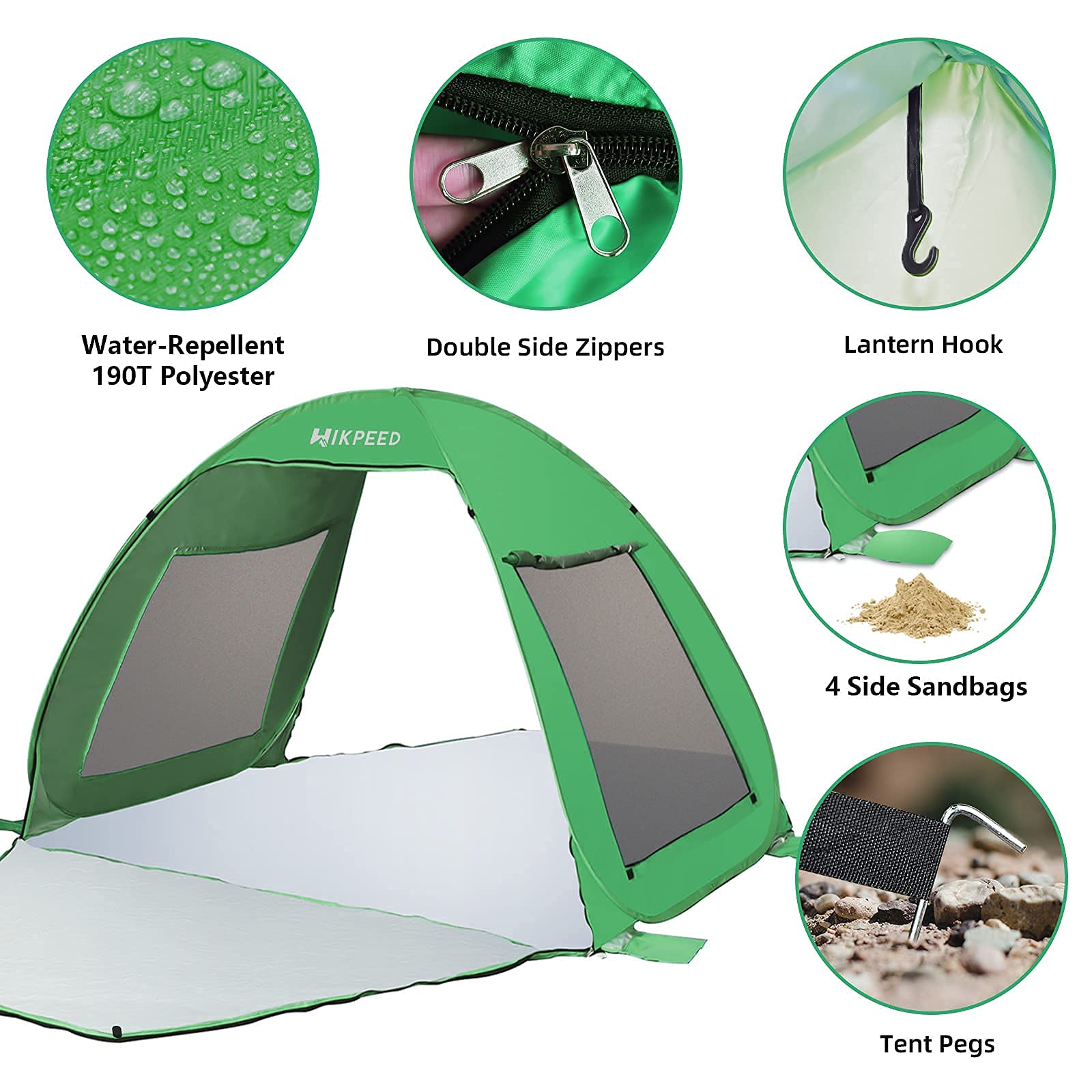 HIKPEED Pop Up Beach Tent for 3-4 Person, Beach Shade Sun Shelter - Beach Tent Pop Up Shade with 2 Doors, Portable Easy Set Up Beach Canopy, with Carry Bag & Stakes & Guy Lines