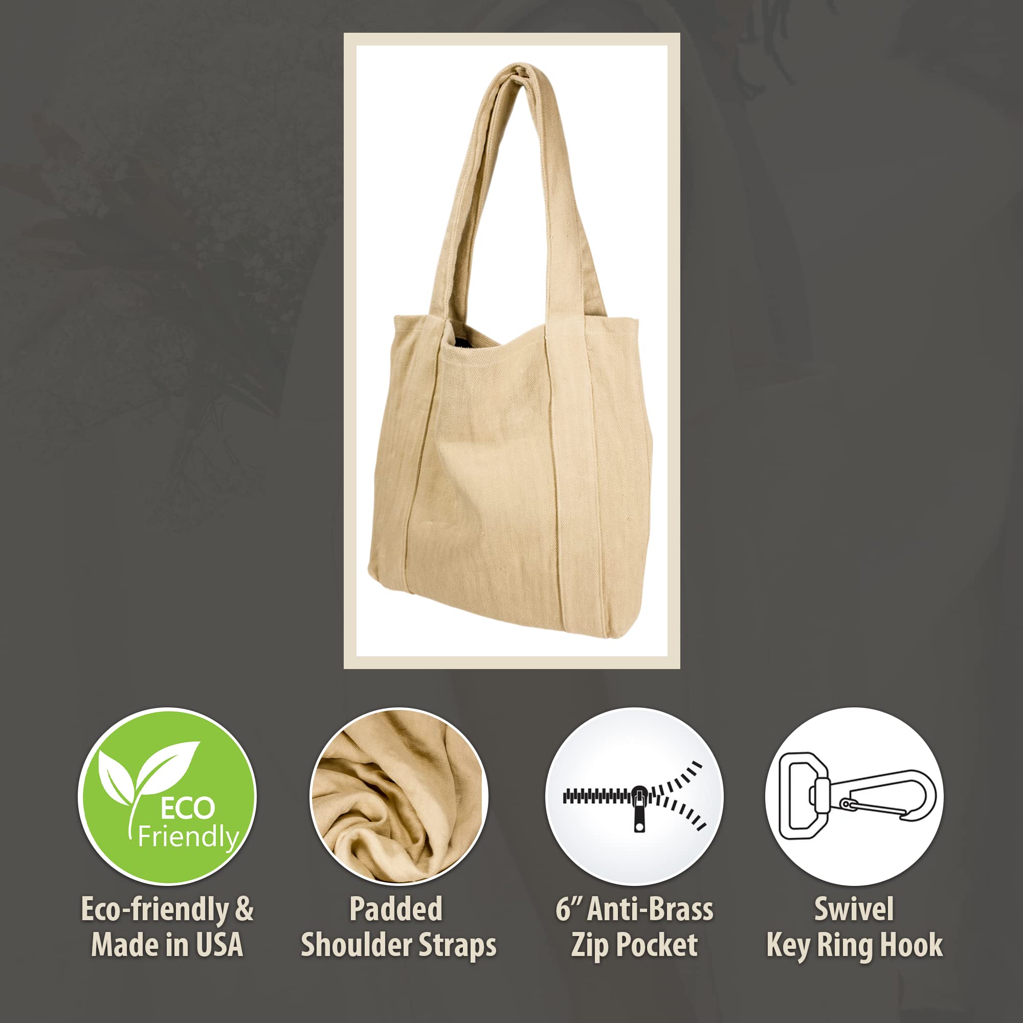 Urbane Luggage 100% Hemp Tote Bag - Padded Shoulder Straps, Keyring Hook (WarmSand)