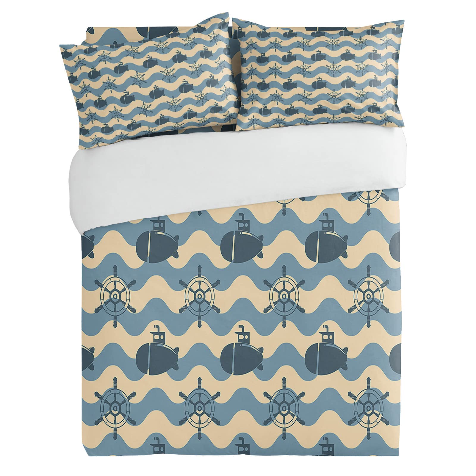 California King Duvet Covers Nautical Rudder Submarine 3-Piece Bedding Sets Luxury Soft Microfiber Bed Comforter Protector with Pillow Cases for Women Men Girl Boy Water Ripple Stripes