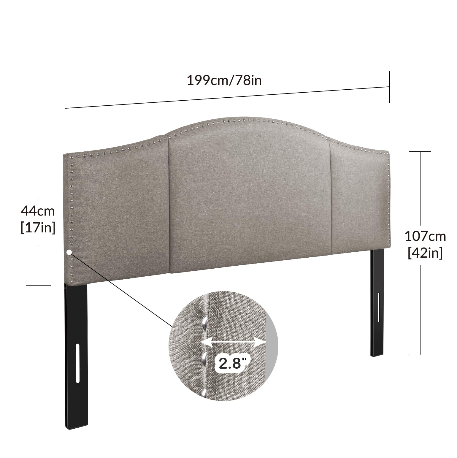 Finnhomy Linen Fabric Upholstered King Size Headboard with Nailheads Trim Platform, Adjustable Height Head Board, Light Grey