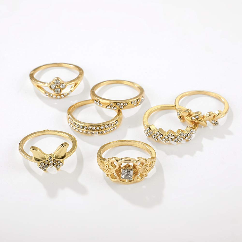Boho Finger Ring Set of 7 Gold Crystal Butterfly Rings Set for Women and Dainty Gold Ring