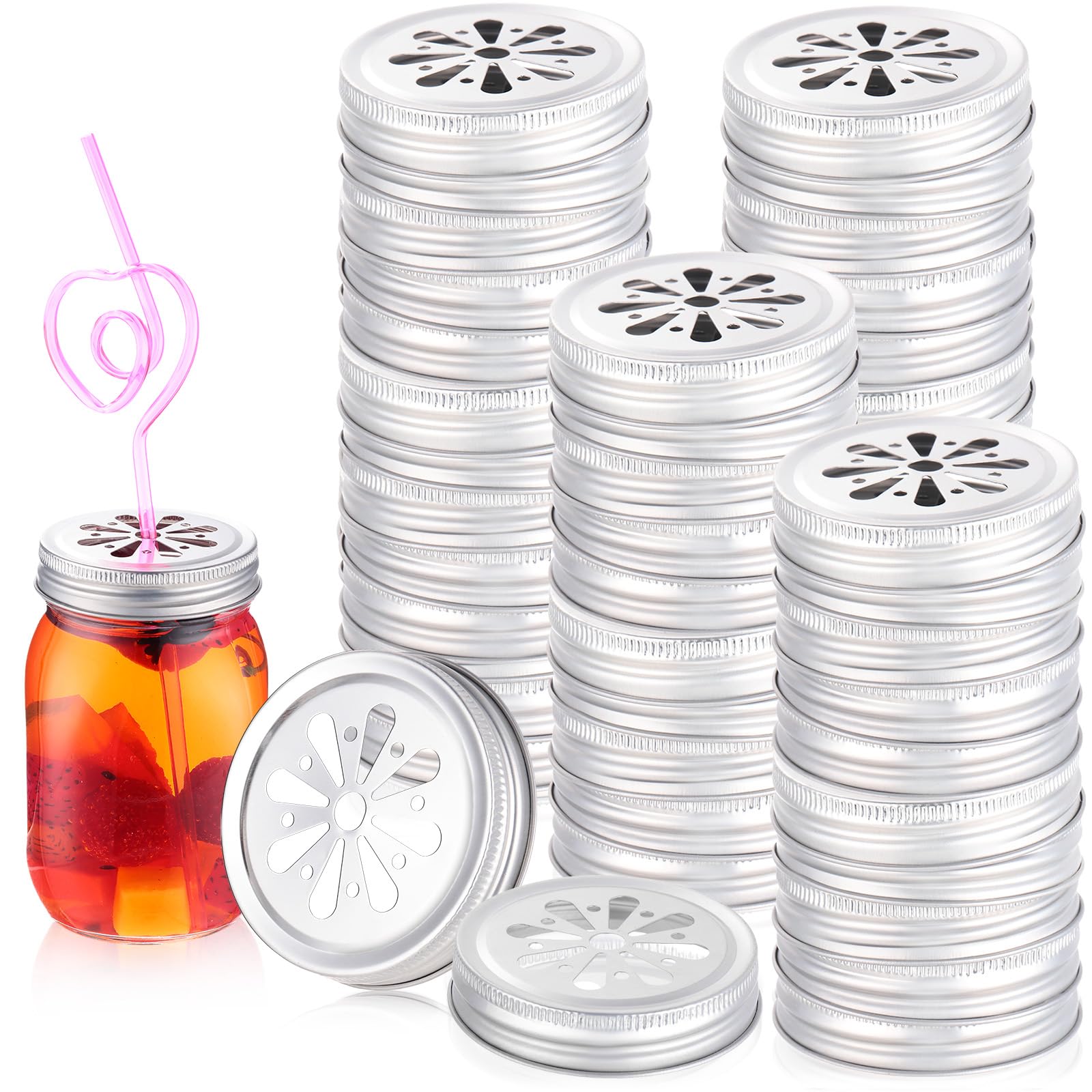 Patelai 100 Pcs Masons Jar Lids with Holes, Daisy Flower Cut Out Straw Lids, Regular Masons Jar Lid Bulk Rustproof Jar Lids Decorative, Fits 8 oz, 12 oz and 16 oz Mason Jars, 2.7 Inch,Silver