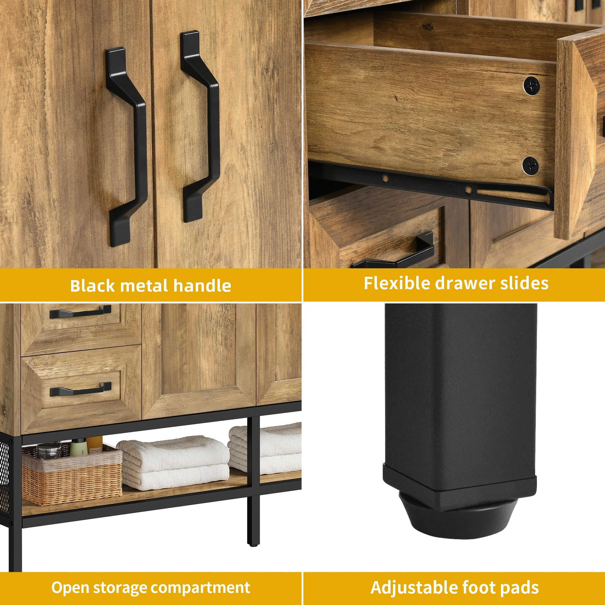 DWVO 48" Double Rustic Bathroom Vanity, Dark Brown Bathroom Vanity with Double Sink and Drawers Side Cabinet Combo Set & Shelf, Iron Wood Bathroom Cabinet with Boat Tempered Glass Vessel Sink