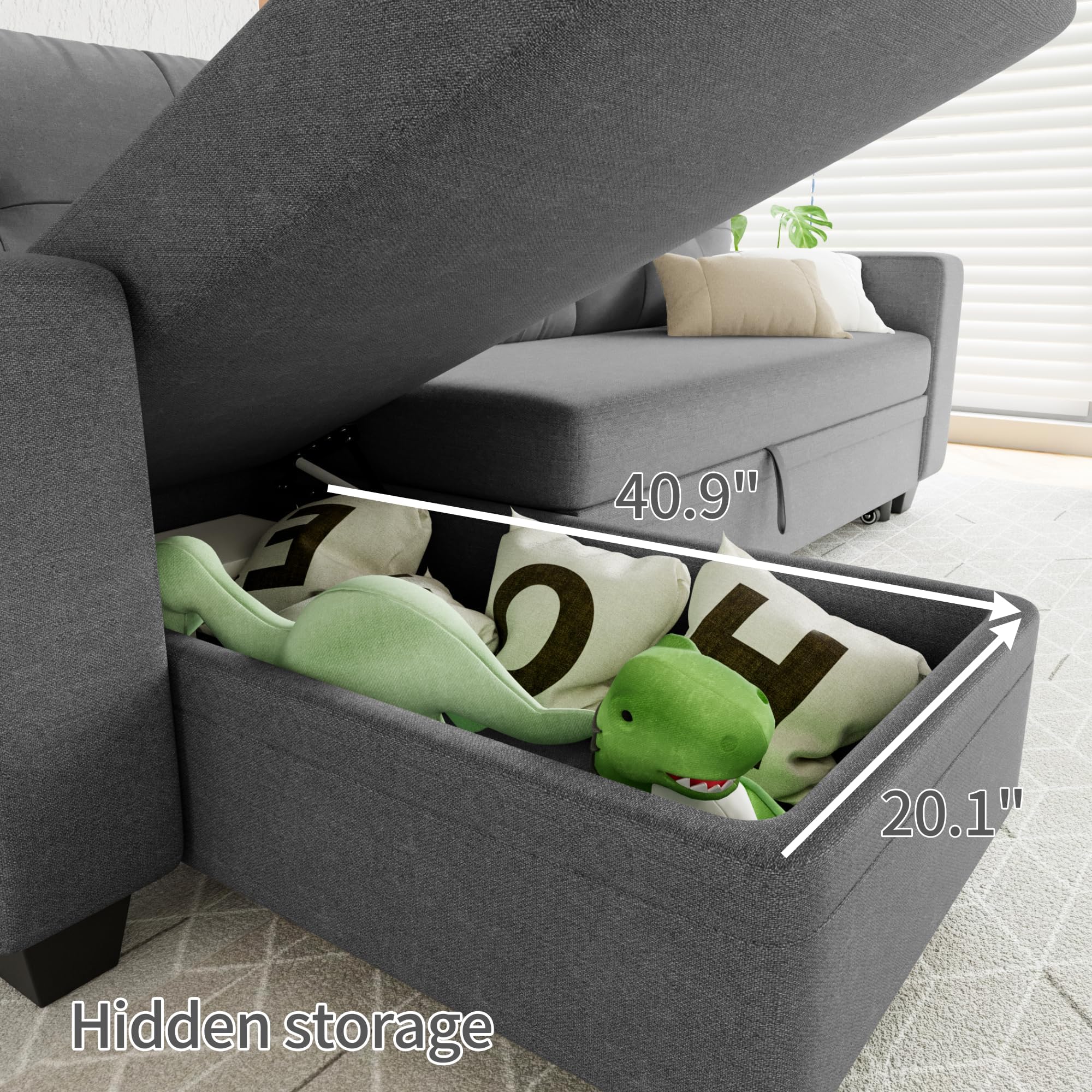 Furniwell Sleeper Sofa, L Shaped Pull Out Couch Sofa Bed with Storage Chaise Sectional Couch for Small Apartments, Living Room and Office (Linen Fabric)