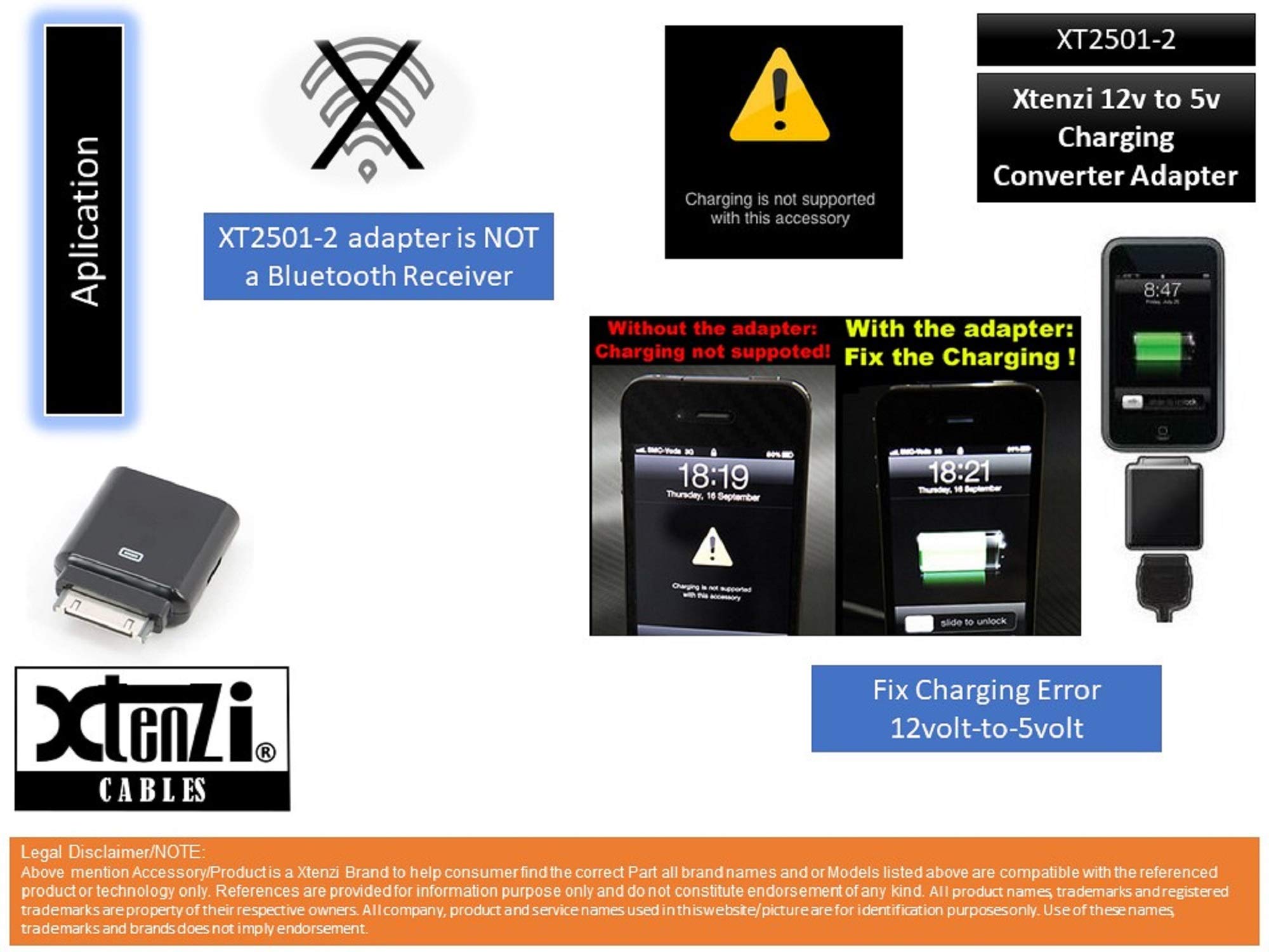 Xtenzi Charging Converter 30 Pin Pass Through Adapter XT12V5 Compatible with iPod iPhone iPad Car Vehicle