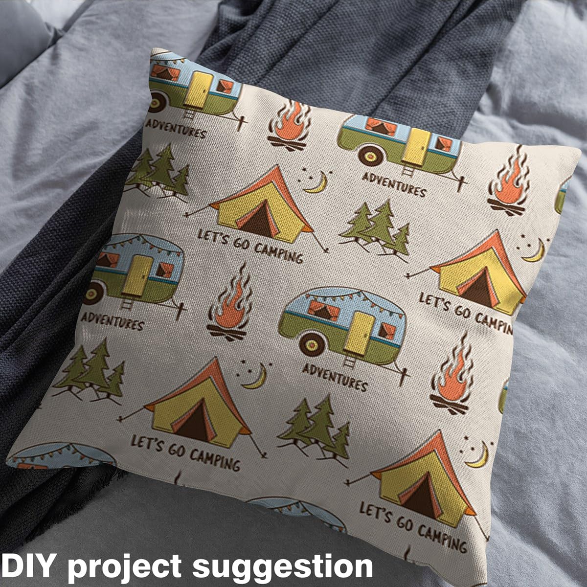 Camping Theme Fabric by The Yard,Retro Cartoon Camper Campfire Tent DIY Art Waterproof Fabric,Jungle Adventure Decorative Outdoor Fabric,Moon Stars Farm Decor Upholstery Fabric,2 Yards