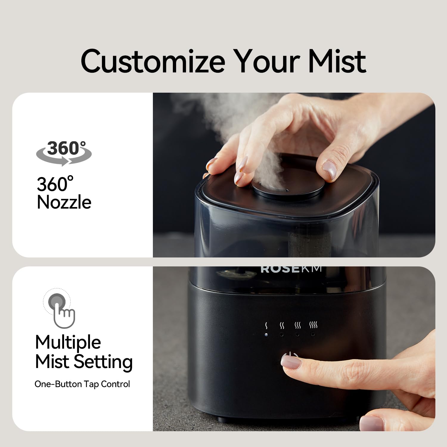 ROSEKM Cool Mist Humidifiers for Bedroom, 2.0L Small Humidifier for Baby and Plant, Last Up to 10H on Max Mist Setting, Auto Shut-Off, Auto-Off Indicator, 360ยฐ Nozzle (Black)