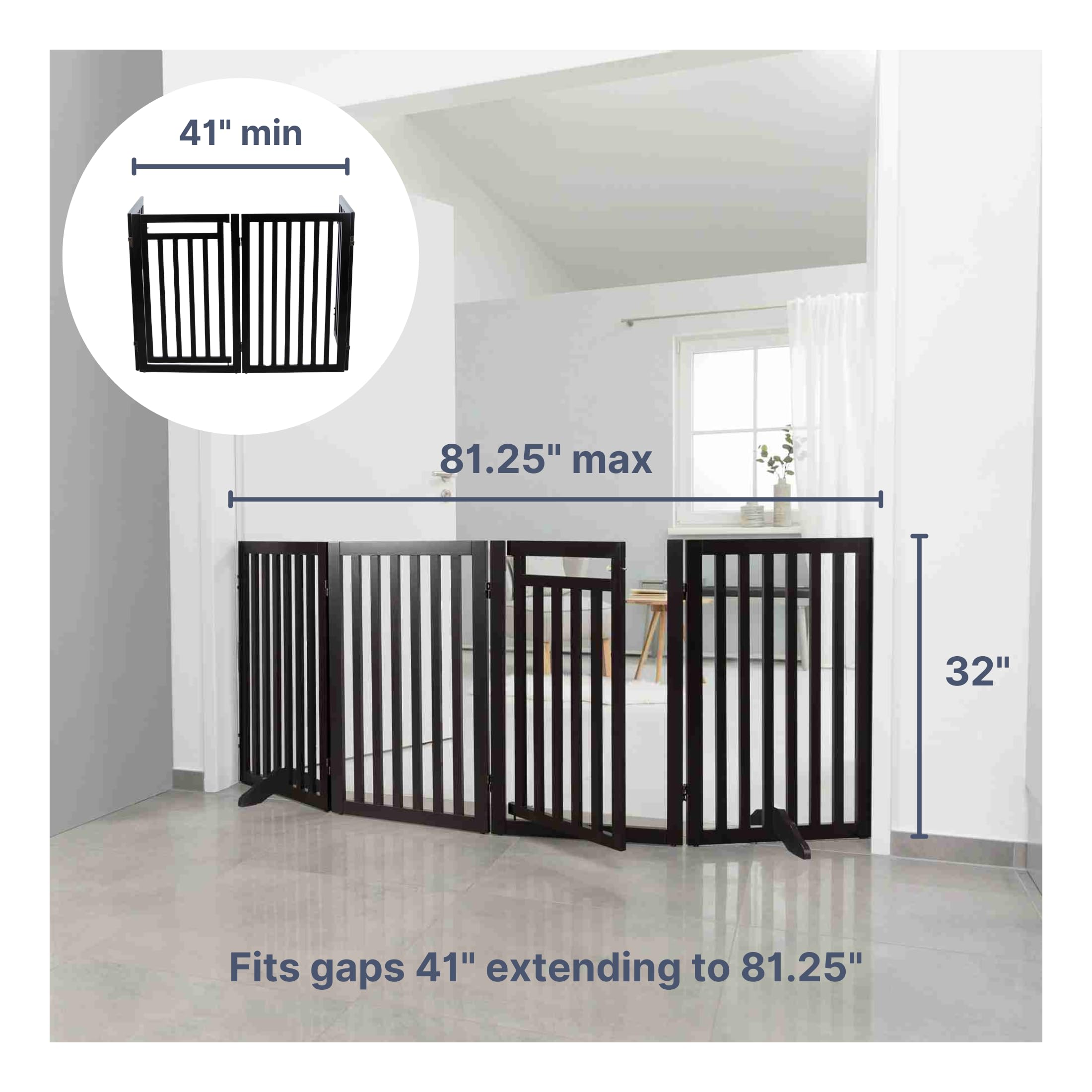 TRIXIE Freestanding 4-Panel Pet Gate, Foldable Pet Barrier Fence, Convertible Pet Pen, 32-in Tall, Walk Through Door, Brown