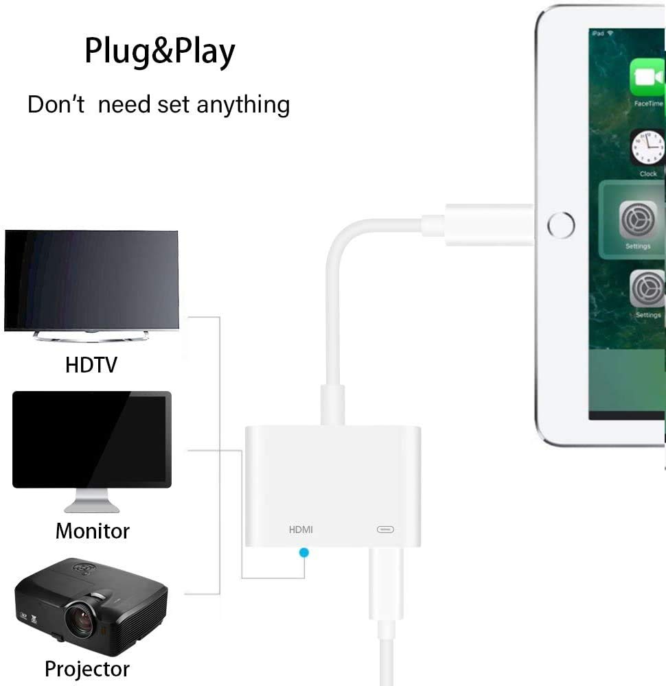 Apple Lightning Digital AV Adapter,1080P Lightning to HDMI Cable Sync Screen HDMI Connector Need Charging Power Support iPhone 11 Pro/XR/Xs/X/8/7 Plus,iPad to TV Projector Monitor Support All iOS