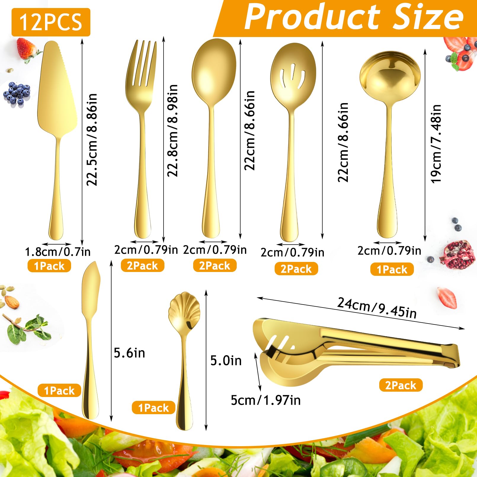Cptoion Gold Serving Utensils,12 Pcs Stainless Steel Serving Utensils Set with Slotted Spoons,Serving Spoons,Forks,Tongs,Butter Knife,Soup Ladle,Pie Server,Buffet Serving Utensils for Parties Wedding