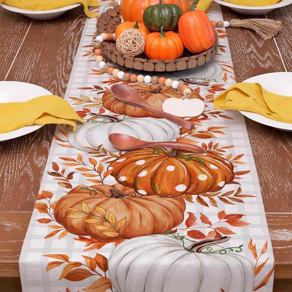 GEEORY Fall Table Runner, 13x72 Inch Pumpkins Leaves Farmhouse Table Decoration for Kitchen Dinning, Indoor Outdoor Dinner Party (Orange Pumpkins) GT124-72
