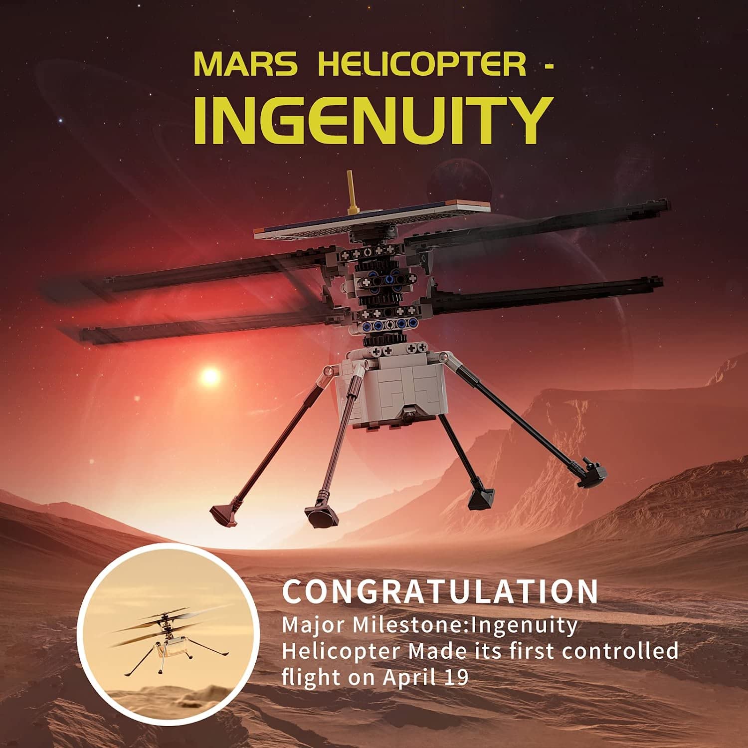 NA-SA Mars Helicopter Ingenuity Building Block Sets,Mars Exploration Building Bricks Model,Outer Space Toys for Mars Perseverance Rover, Halloween for Kids Adults (735 Pieces)