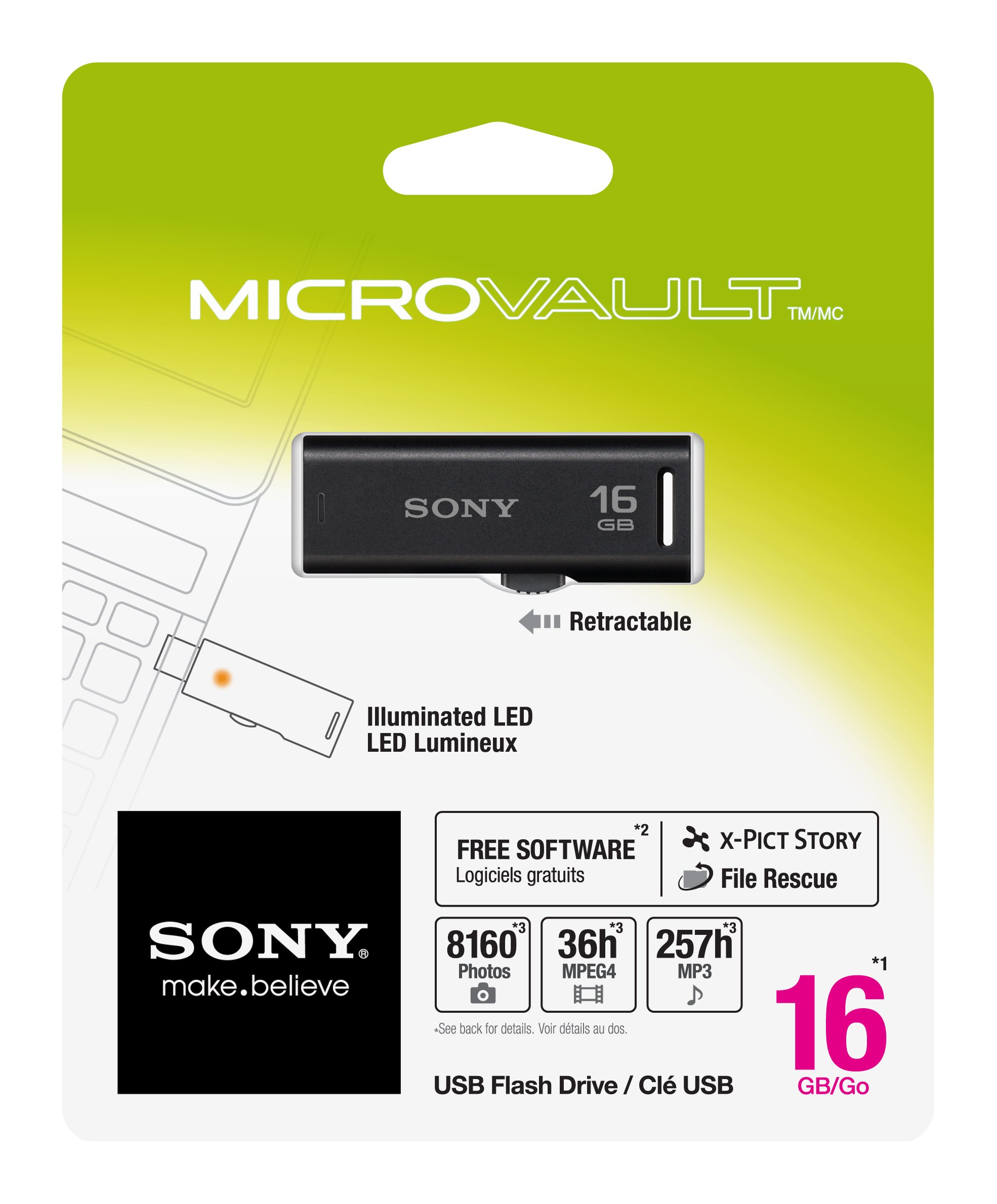 Sony USM16GR 16GB Microvault USB Flash Drive with Retractable Connector, Black