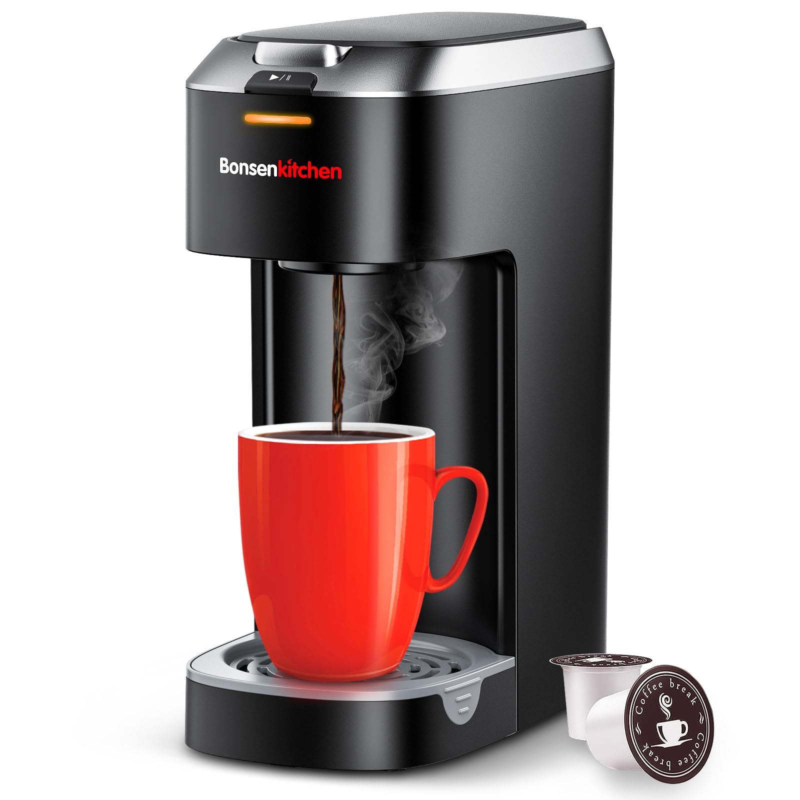 Bonsenkitchen Single Serve Coffee Maker, Coffee Brewer for K Cup Capsule, Fast Brewing Coffee Machine, Space Saving Design, 6 to 12oz Brew Size