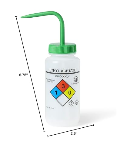 United Scientific™ UniSafe™ Laboratory Grade Wide Mouth LDPE Vented Chemical Wash Bottle, Ethyl Acetate, 500mL (16oz), 4-Color, Pack of 6