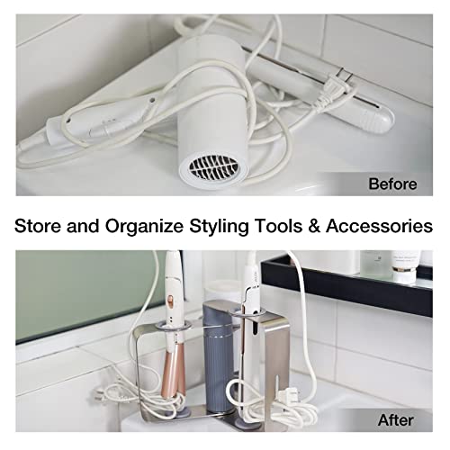 GREENTEC Foldable Hair Dryer Holder, 3 in 1 Hairstyling Tools Organizer, Curing Wand Stand, Heat Resistant Organizer for Flat Iron, Stainless Steel Holder for Bathroom, Cabinet, Salon Station