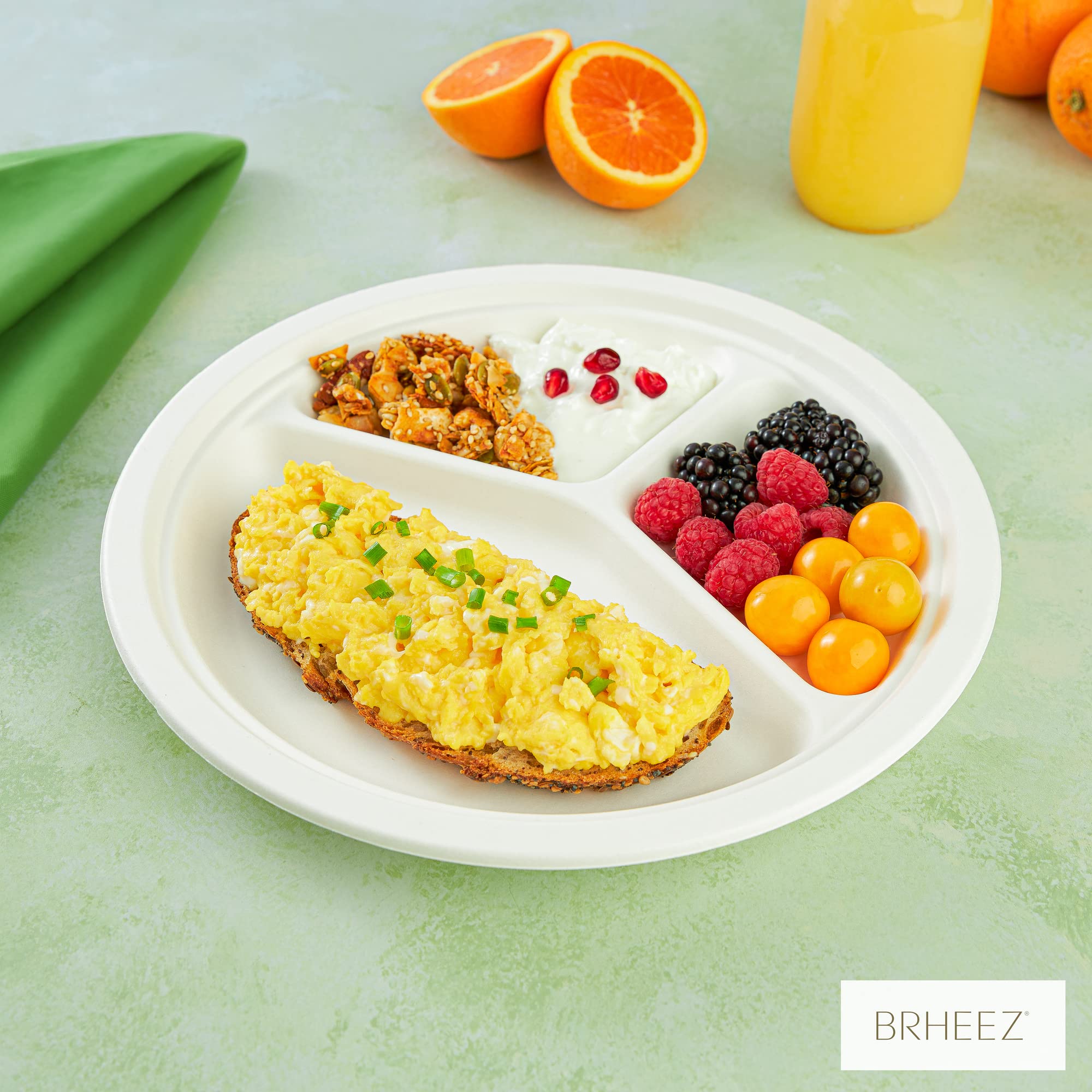 brheez Heavy Duty Round 3 Compartment Disposable Plates [10" inch] Eco-Friendly 100% Natural Bagasse Fiber Biodegradable Compostable Sustainable Paper Alternative Plates [60 Plates] White