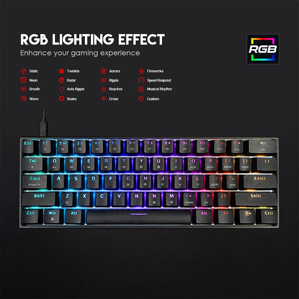 FANTECH MAXFIT61 Frost 60% Mechanical Keyboard, Type-C Compact 61keys Hot Swappable RGB Gaming Keyboard for Windows PC, Linear Red Switch - Black