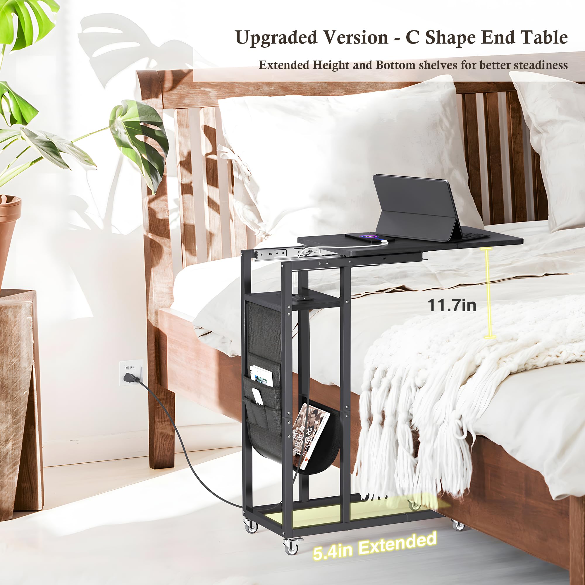 Colima C Shaped Slide Cover End Table with Charging Station, Narrow Sofa Side Table with USB Port and Wheels, Couch Table Bedside Table with Storage Bags for Office Living Room Bedroom Black