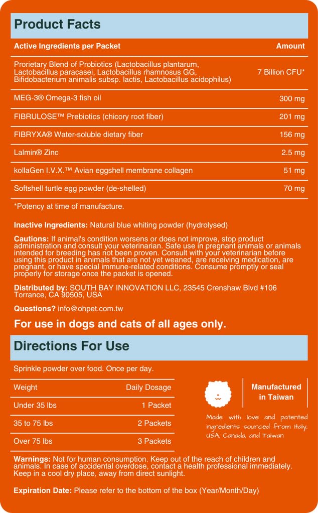 Oh!Pet 7-in-1 Skin & Coat Probiotics Powder for Dogs & Cats - 7 Billion CFUs, Omega-3 Fish Oil, Zinc, Eggshell Membrane, Softshell Turtle Egg Powder, Prebiotics, Dietary Fiber | 30 Packets