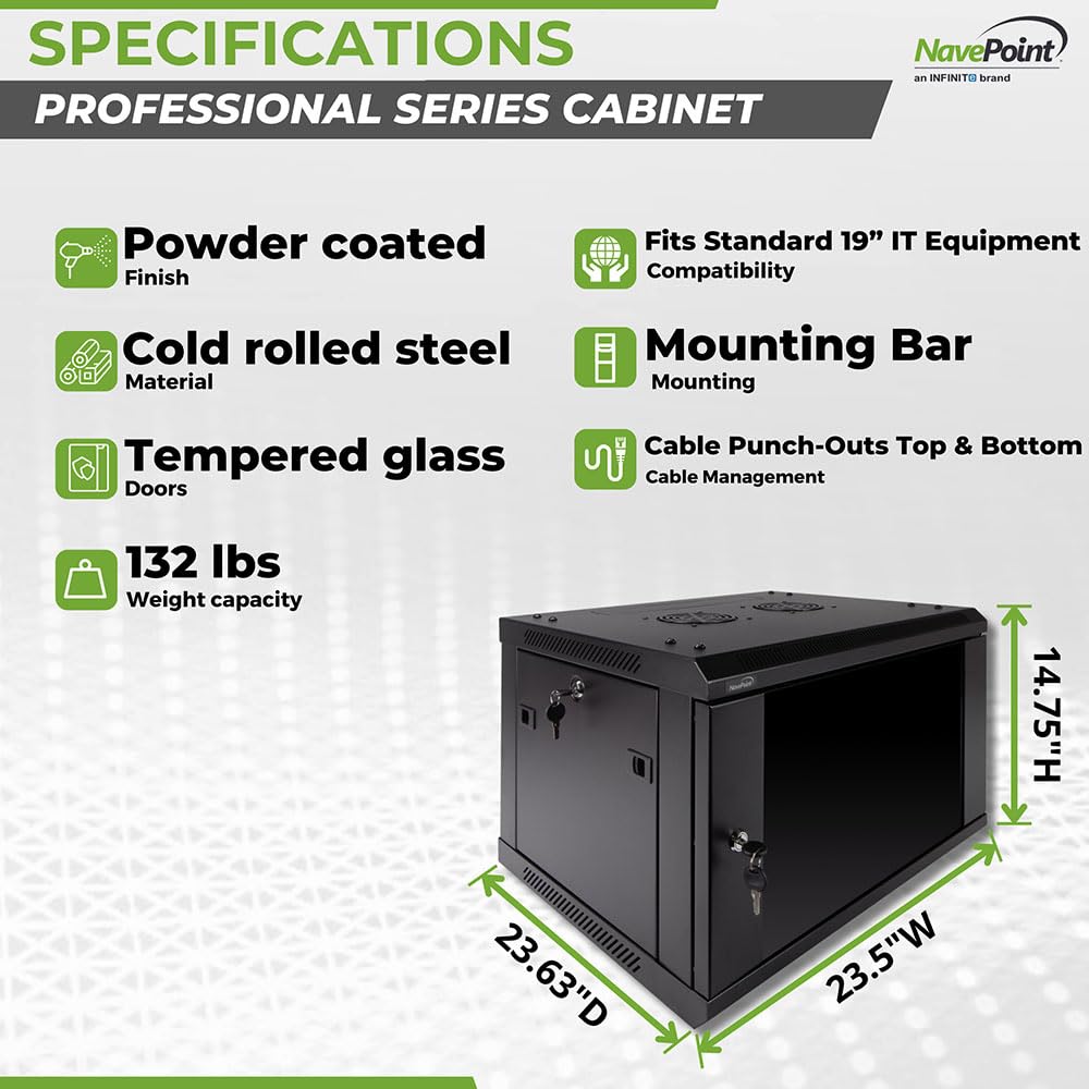 NavePoint 6U Server Rack Enclosure - 23.6β Deep, 6U Wall Mount Network Cabinet with Locking Glass Door for 19β IT Equipment, 6U Network Rack with 2 Fans, Removable Side Panels, Black