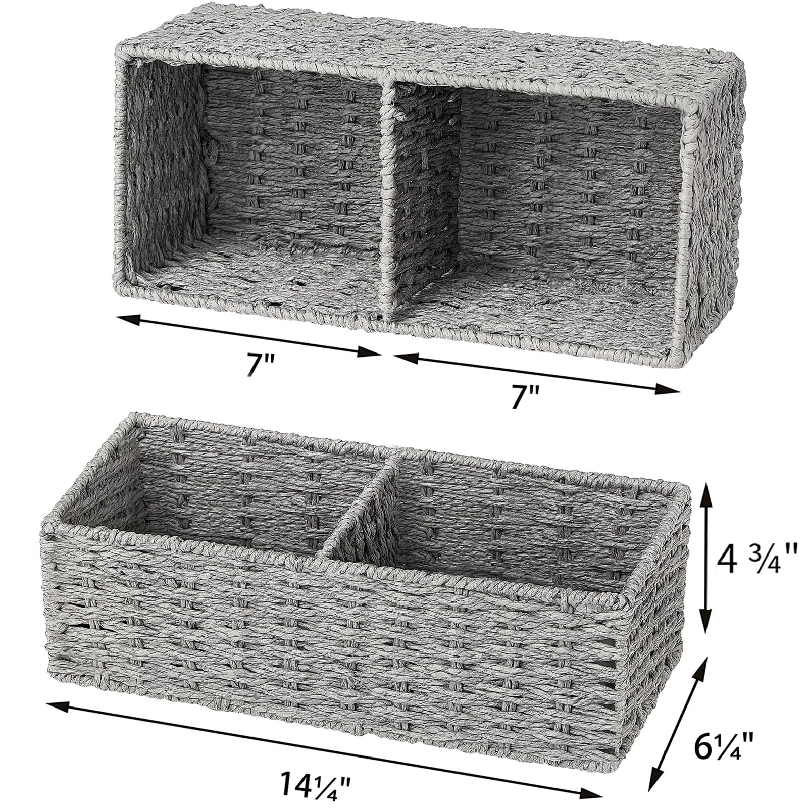 Vagusicc 2-Section Wicker Storage Basket, Hand-Woven Paper Rope Wicker Baskets,Toilet Paper Basket for Toilet Tank Top, Small Wicker Baskets for Organizing, 2-Pack, Grey