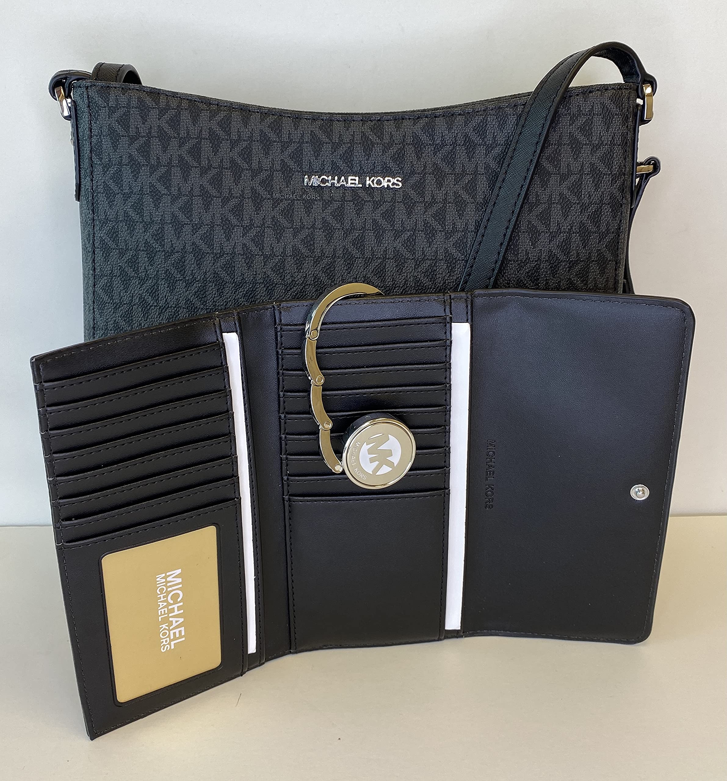 Michael Kors MICHAEL Michael Kors Jet Set Travel Large Messenger Crossbody bundle with Trifold Wallet Purse Hook (Signature MK Vanilla)