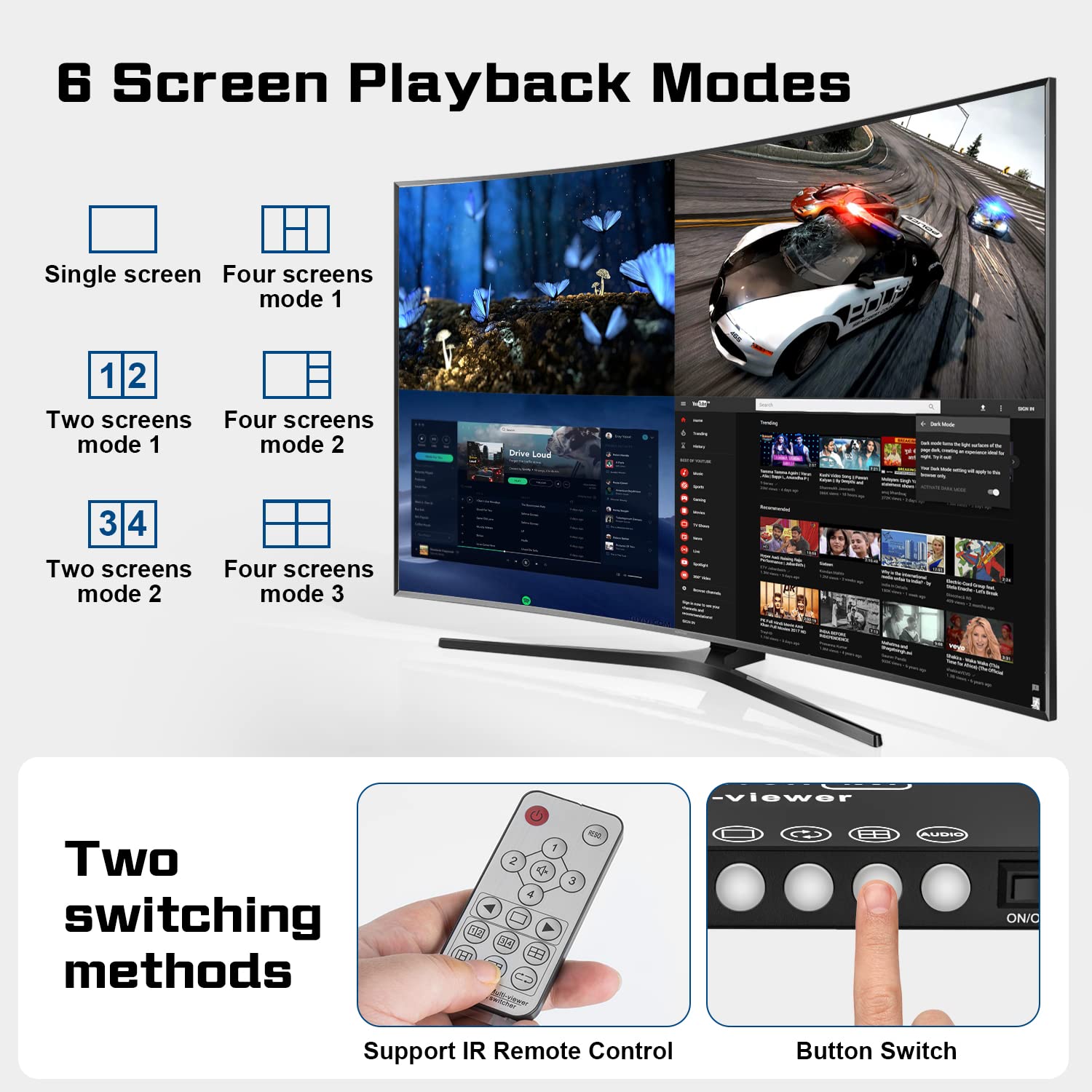 Tendak 4 Port HDMI Multiviewer KVM Switch, 4K@30Hz HDMI Switcher Selector 4 in 1 Out Quad Multi-Viewer Switcher with 6 Display Modes, IR Remote Control for PC/Security Camera/Gaming Consoles