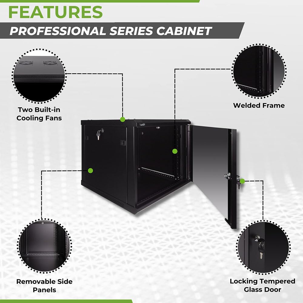 NavePoint 9U Server Rack Enclosure - 23.6β Deep, 9U Wall Mount Network Cabinet with Locking Glass Door for 19β IT Equipment, 9U Network Rack with 2 Fans, Removable Side Panels, Black