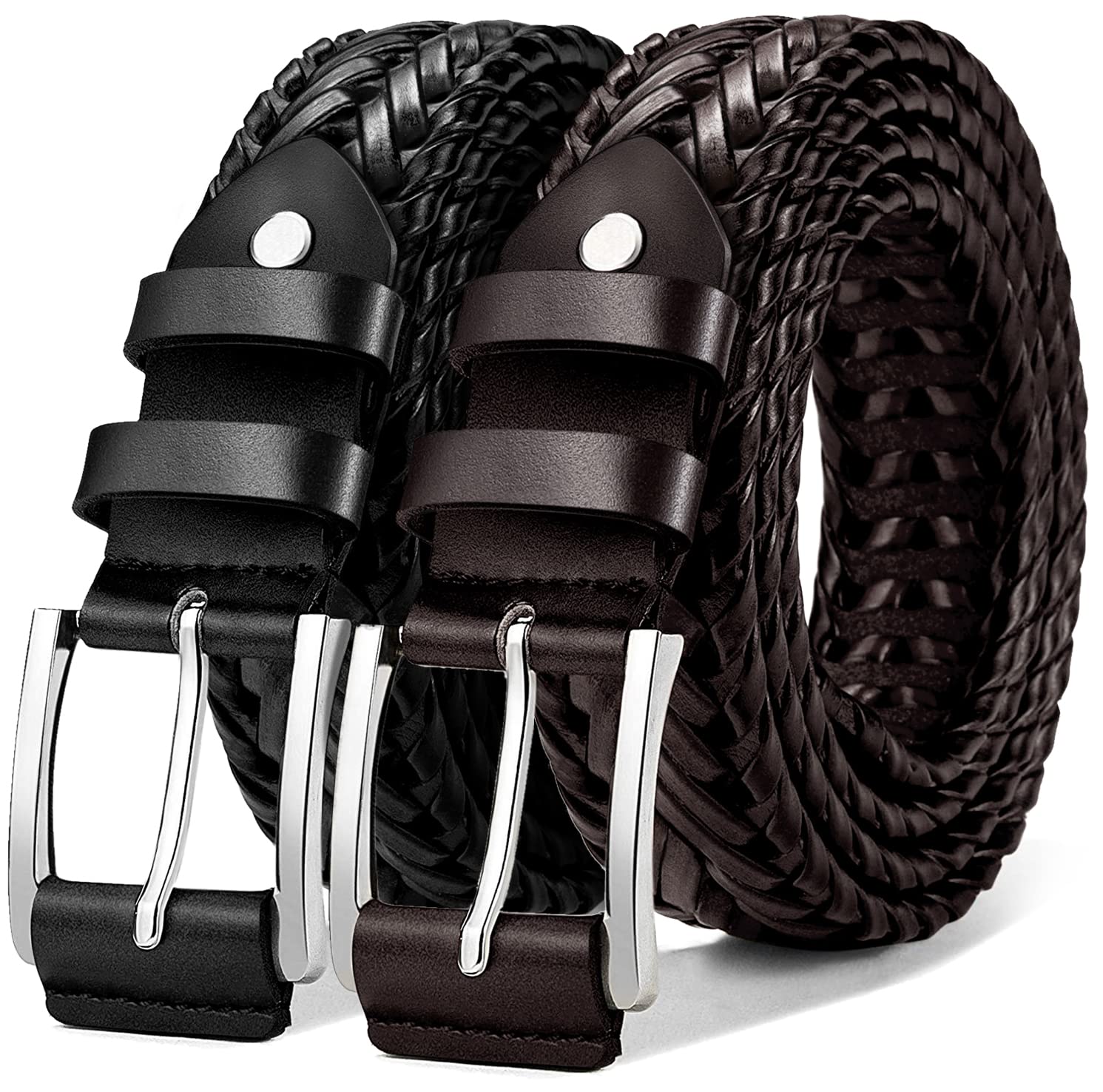 KEMISANT Mens belt 2 Pack, Woven Braided Leather Belt for Men Causal Golf Pants Polo Shirts Matching