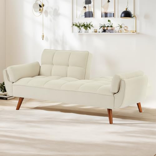 Fangflower Convertible Sofa Bed, Velvet Fabric Adjustable Backrest Sleeper Futon Loveseat with Tapered Wood Legs for Living Room, Bedroom, Apartment Lounge, Garage