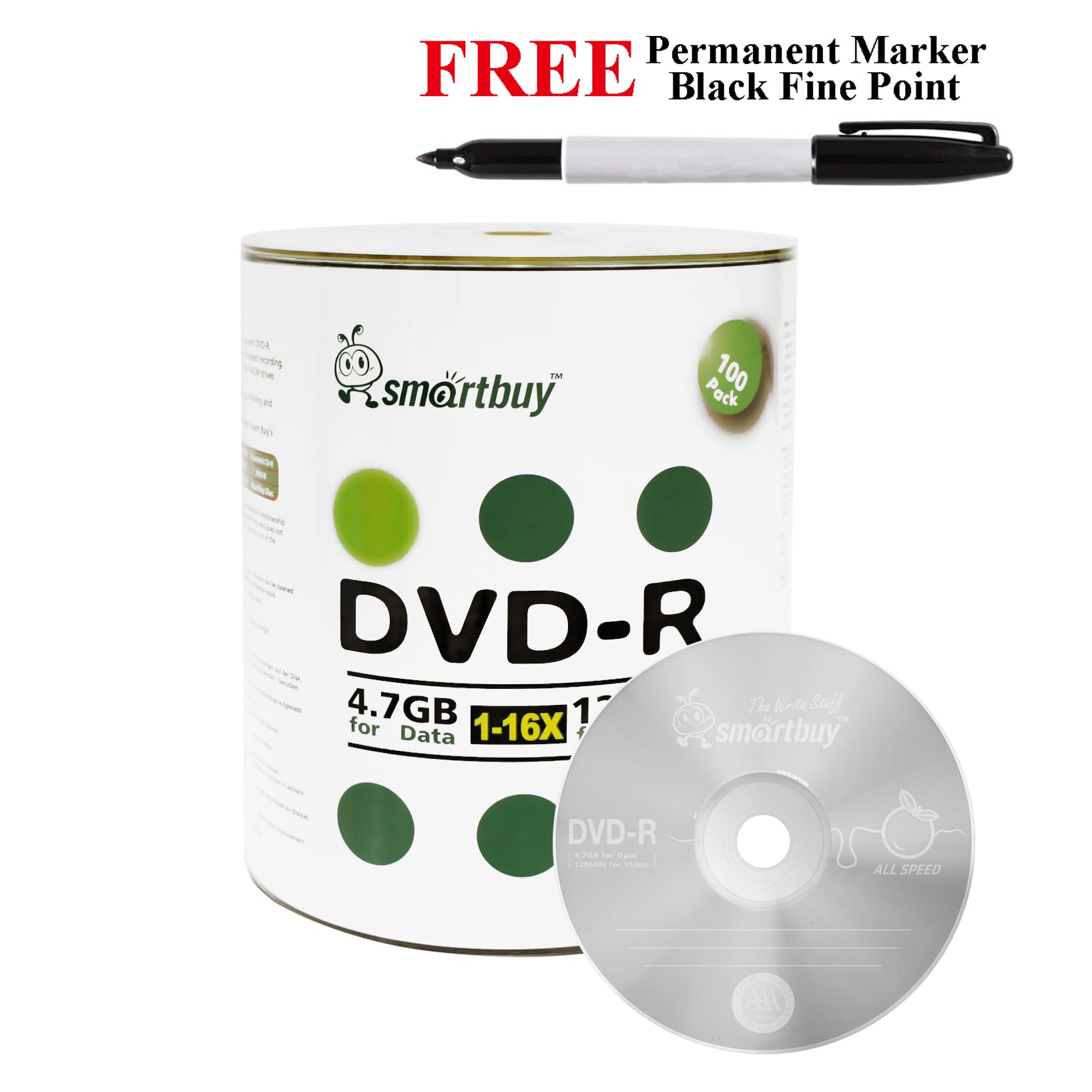 Smartbuy 100-disc 4.7GB/120min 16x DVD-R Logo Top Blank Media Record Disc + Black Permanent Marker