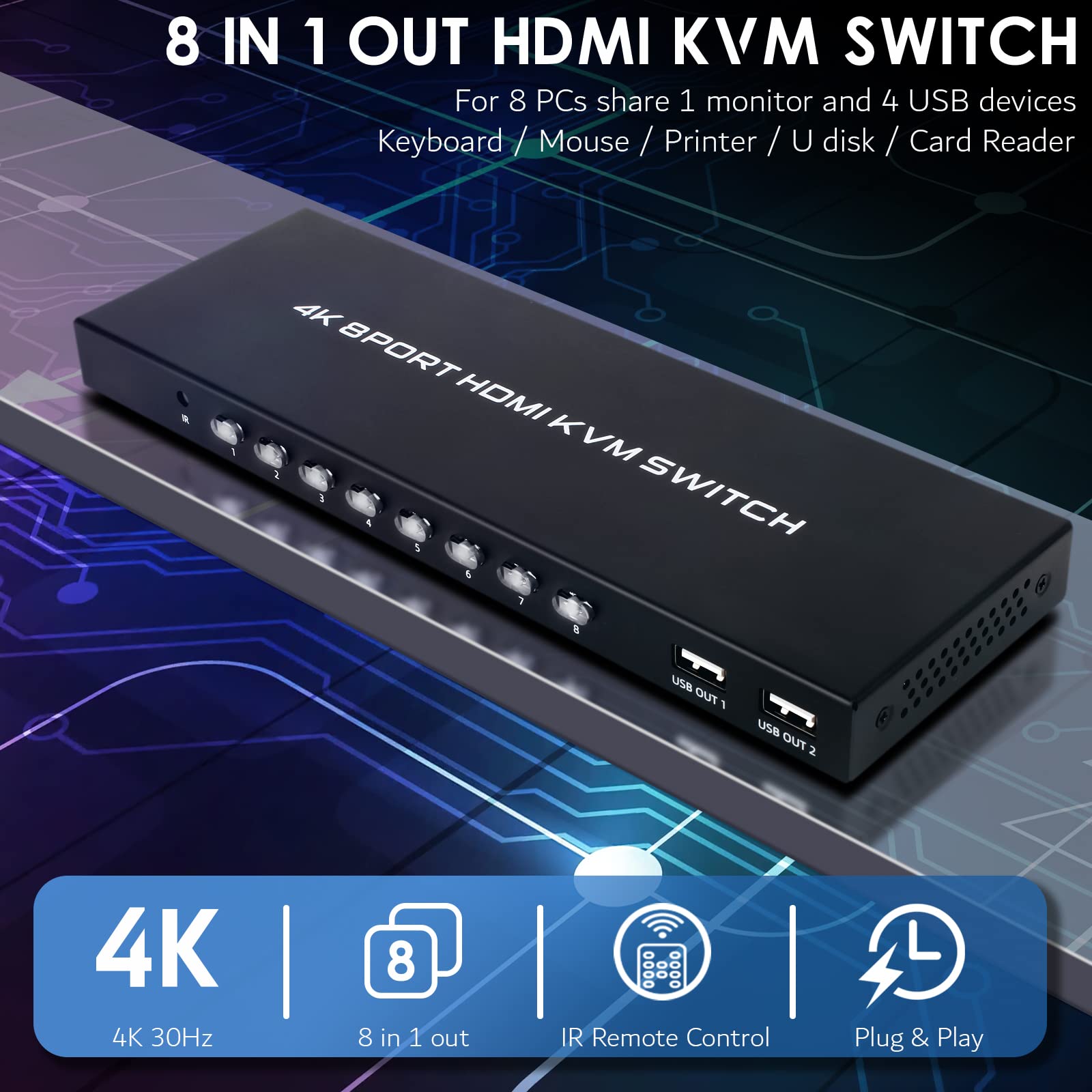 TCNEWCL 8 Port KVM Switch HDMI, 4K@30Hz 8 in 1 Out HDMI KVM Switch for 8 PC Sharing 1 HD Monitor and 4 USB Devices with IR Remote & 8 HDMI Cables