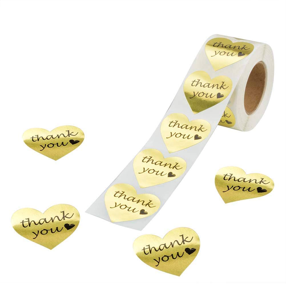 Gold Heart Shape Thank You Stickers, Foil Decorative Sealing Labels, 500 Stickers/Roll, 1.5" Diameter (2 Rolls)