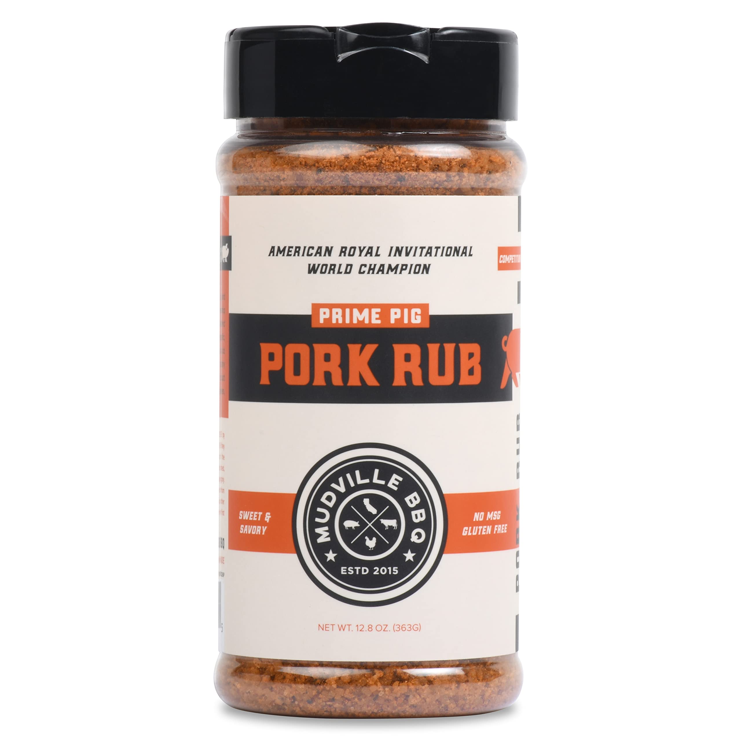 Mudville BBQ Prime Pig Pork Rub Seasoning, Sweet & Savory, World Champion Pitmaster Recipe, 12.8 oz Shaker Bottle