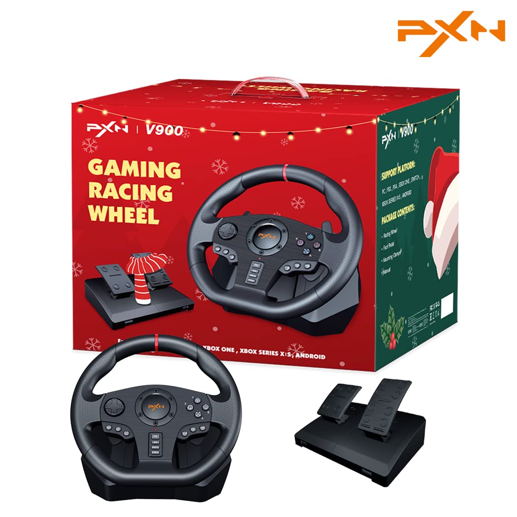 PXN V900 Gaming Steering Wheel - 270/900° PC Racing Wheel with Linear Pedalsm, Accelerator Brake, Left and Right Racing Shift Paddle Simulator for PC, PS3, PS4, Xbox One, Xbox Series X|S, Xmas Gift Box