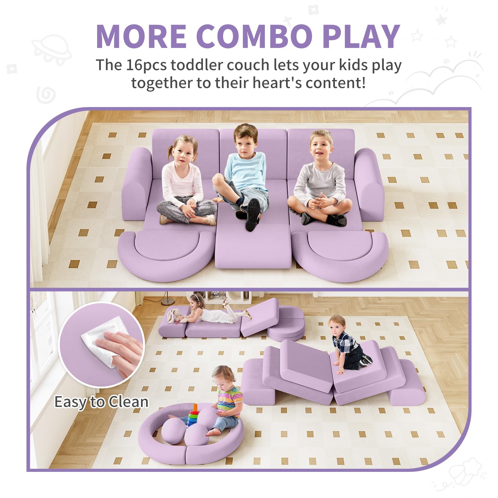 wanan Modular Kids Play Couch, 16PCS Kids Couch with Balls and Tunnel, Kids Couch for Playroom and Bedroom, Kids Modular Couch for Playing, Creativing, Modular Couch Kids (Blueberry)