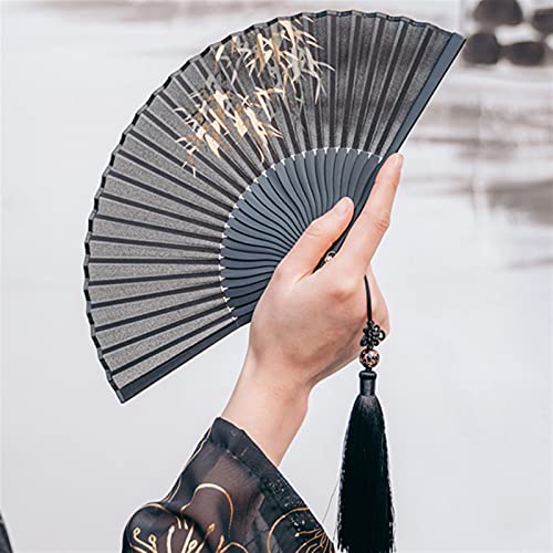 HTian Small Black Folding Fans, Chinese Bamboo Leaf Pattern Hand Fan Folded Purse Hand Fan with Fabric Sleeve and Tassel, for Women
